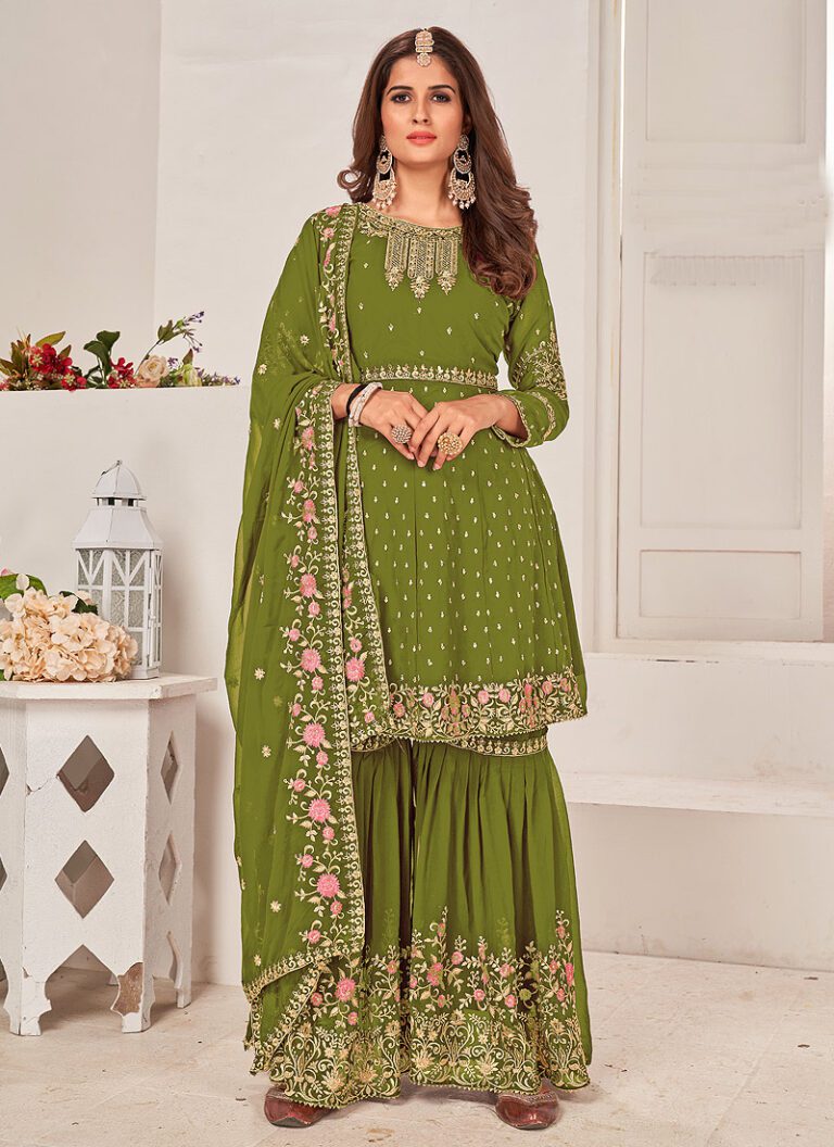 Green And Gold Heavy Designer Embroidered Work Traditional Gharara Suit ...