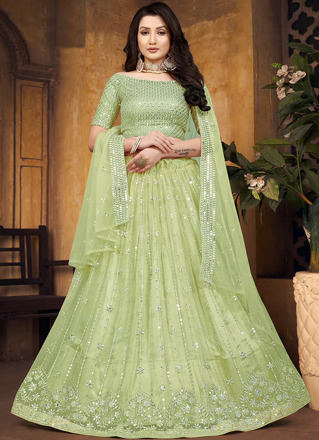 Lime Greeen Heavy Designer Mirror Work Lehenga Choli - Indian Heavy ...