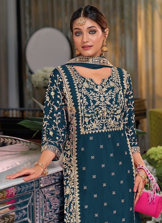 Turquoise Heavy Silver Embroidered Pakistani Palazzo Suit. - Indian ...