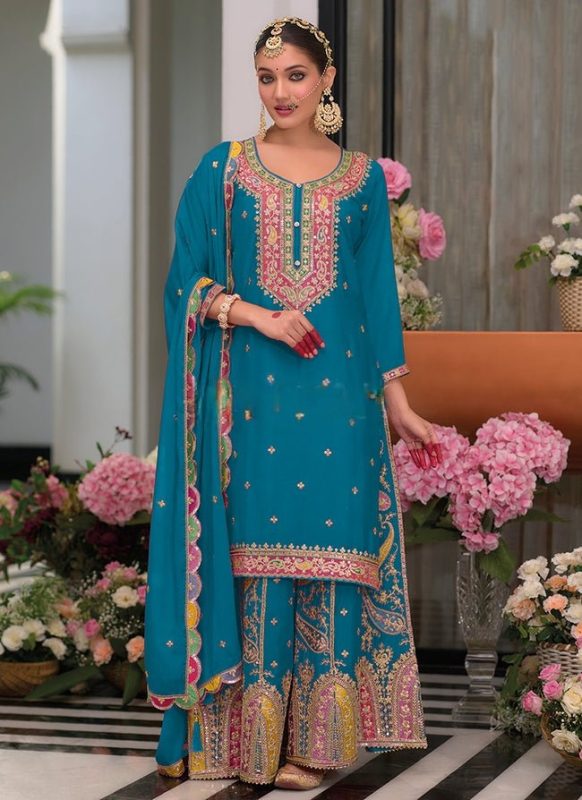 Turquoise Multi Embroidered Pakistani Palazzo Suit. - Indian Heavy ...